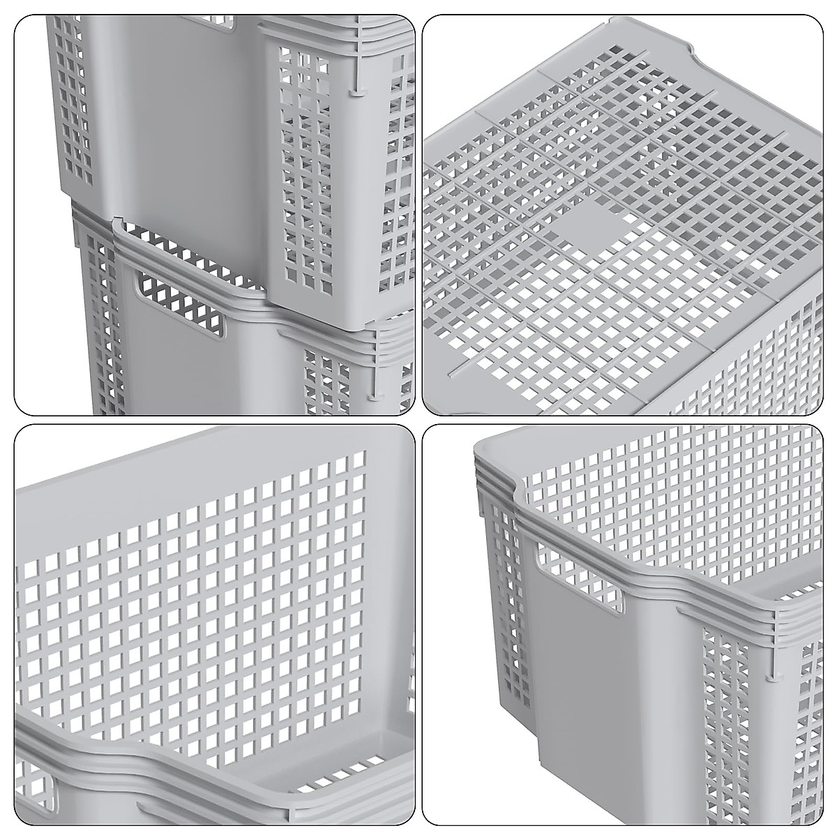 Wakikini 12-Pack Plastic Deep Storage Basket, Large Plastic Stackable Baskets, Gray