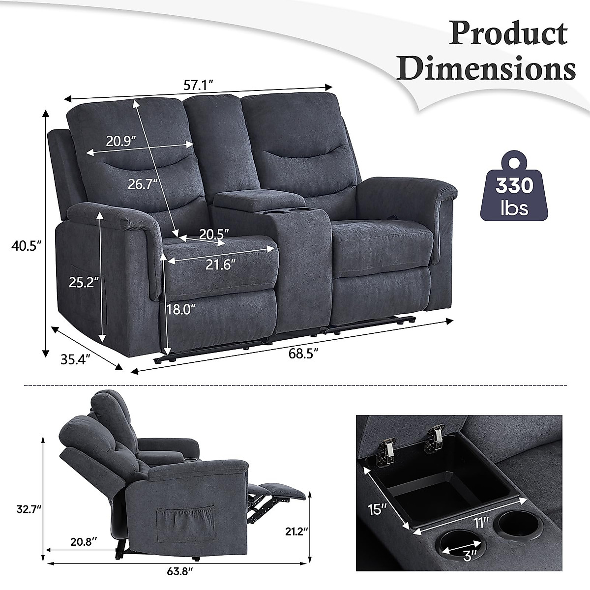 Consofa Loveseat Recliner, Manual Reclining Loveseat with Console, 68'' Wall Hugger Reclining RV Theater Seats, Double Recliner Loveseat with Cup Holder and Side Pocket for Living Room