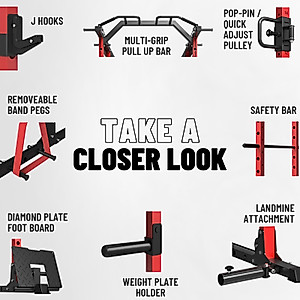 Mikolo Power Cage Power Rack with Cable Crossover System, 1500LBS Squat Rack,with LAT Pull Down System, Home Gym Packages with Weight Bench, Olympic Barbell Weight Set-Red