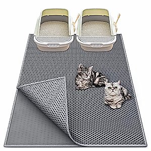 Waretary Cat Litter Mat 36"x 30", Kitty Pretty Litter Box Trapping Mat, Extra Large XL Honeycomb Double Scatter Control Layer Mat, Urine & Waterproof, Washable, Easy Clean, Phthalate Free (Grey)(1 Side Connected)