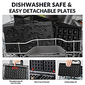 Mini Waffle Maker Waffle Iron Dinosaur Waffle Maker for Kids 7 Unique Dino Waffle in Minutes, Electric Nonstick Waffle Pancakes Maker with Removable Plates Breakfast Maker Machine (Double Set)