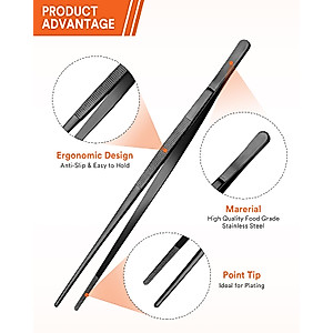 Kitchen Tweezers Fine Tweezer Tongs For Cooking, Black Stainless Steel Food Tweezers, Multi-function Precision Serrated Tips Cooking Tongs Kitchen Serving Tong (Black, 10 inch)