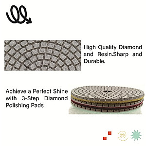 ComeFloor 4 Inch Wet/Dry 3 Step Diamond Polishing Pads for Granite Marble Concrete Stone, Step 1-3 Hook and Loop Backing