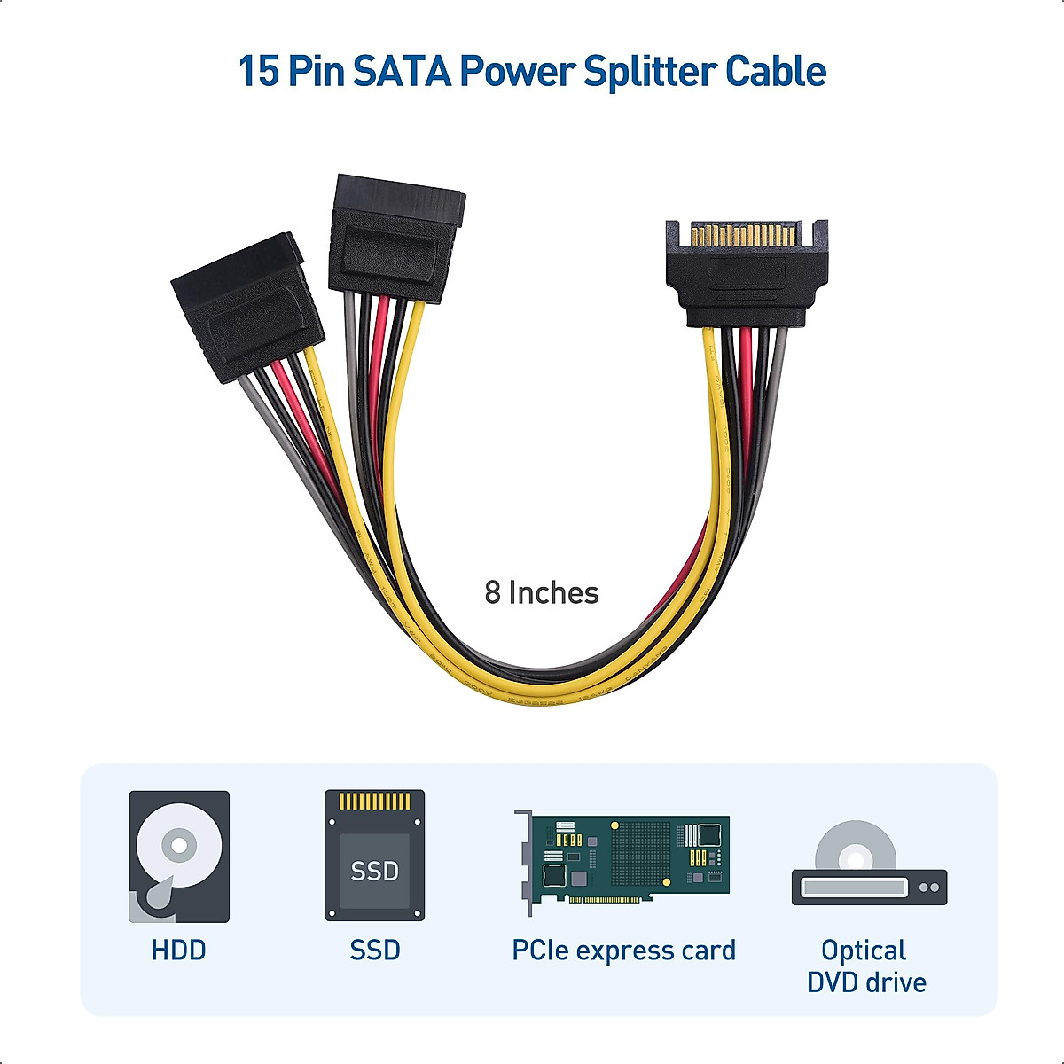 Cable Matters 3-Pack 15 Pin SATA Power Splitter Cable 8 Inches, SATA Power Y-Splitter Cable, SATA Splitter