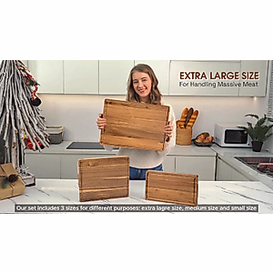 KOLWOVEN Wood Cutting Boards for Kitchen - Set of 3, Wooden Cutting Board Set with Holder for Chopping Meat, Cheese, Fruits, Vegetables, Knife Friendly Serving Tray