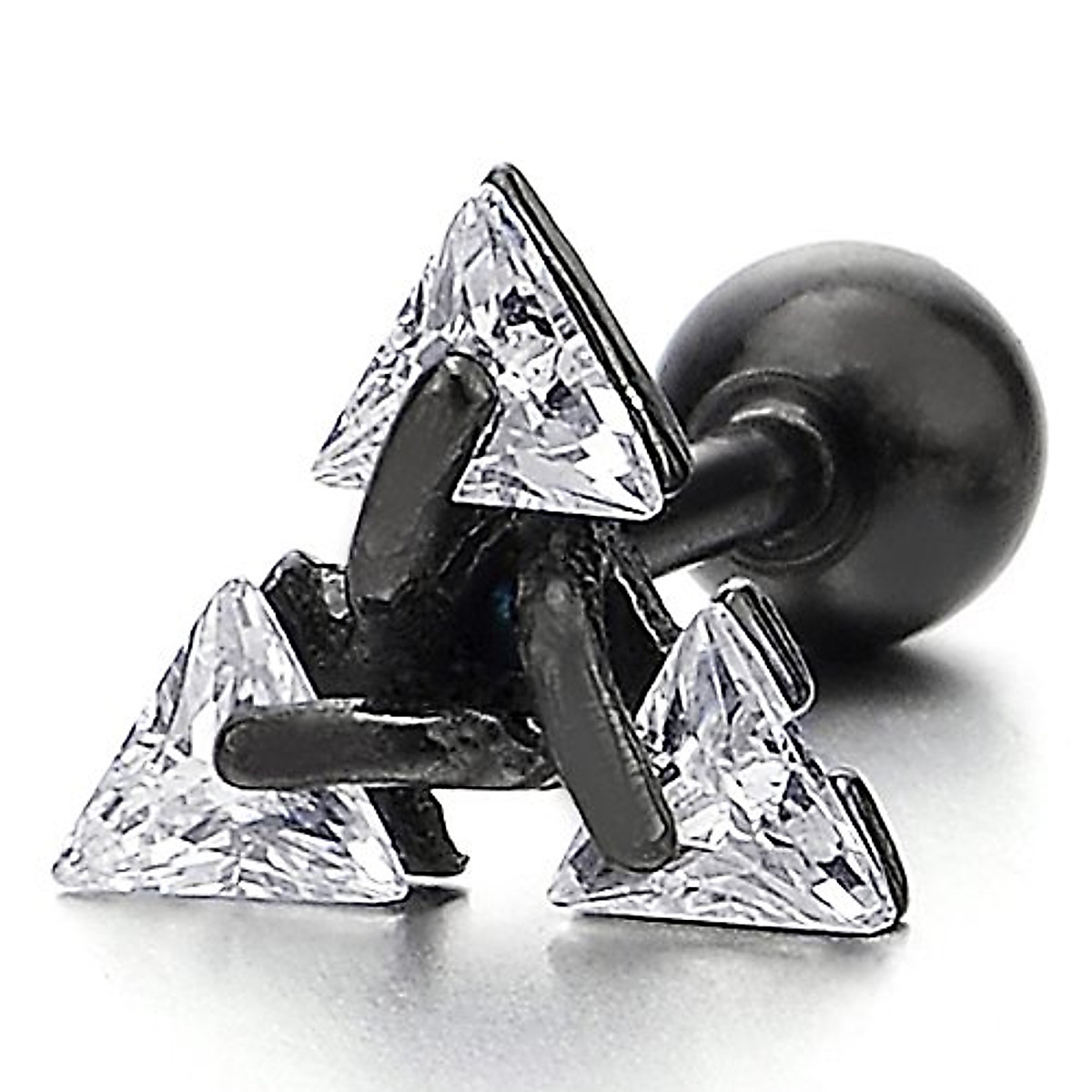 Black Stainless Steel Triangle Cubic Zirconia Stud Earrings for Men Women, Screw Back Post, 2pcs