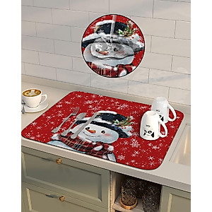 Red Snowman Dish Drying Mat for Kitchen Counter, Absorbent Quick Dry Coffee Bar Mat Pad Thin Diatomaceous Sink Mat Non Slip Dish Drainer Mat 16''x24'' Winter Christmas Buffalo Plaid Berry Watercolor