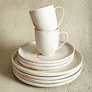Stone Lain Marble Porcelain Dinnerware Set, 16 Piece Service for 4, Matte Pink