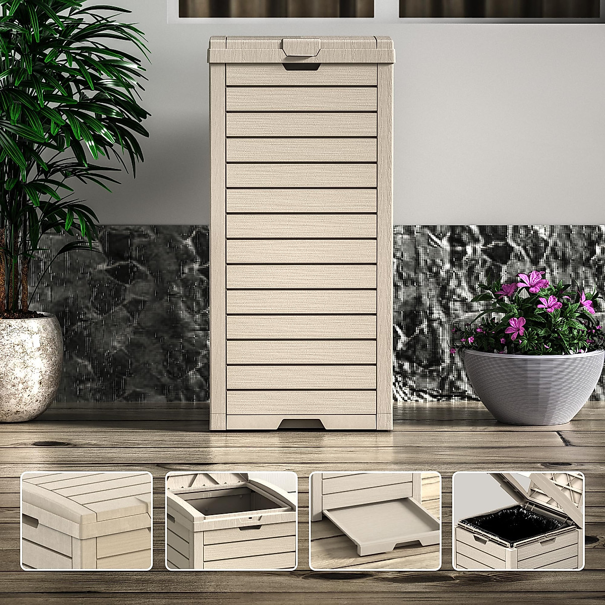 GYMHILL 31 Gallon Outdoor Trash Can, Waterproof Resin Garbage Can with Tiered Lid and Drip Tray, Outside Trash Bin for Patio, Backyard