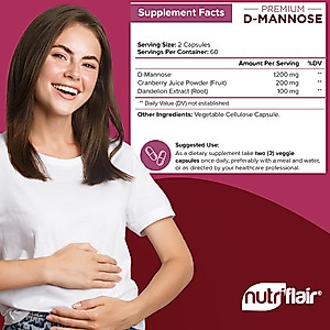 NutriFlair D-Mannose 1200mg, 120 Capsules - with Cranberry and Dandelion Extract - Natural Urinary Tract Health UTI Support - Best D Mannose Powder - Flush Impurities, Detox Body, for Women and Men