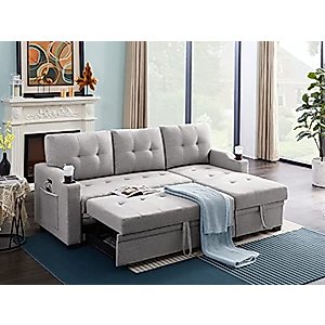 FANYE Linen Upholstery Tufted Sofa&Couch,L-Shaped Corner Reversible Sleeper Sectional Sofa Couch Sofabed w/Storage Chaise,Cupholders, USB Charging Port and Pockets for Living Room Furniture Set