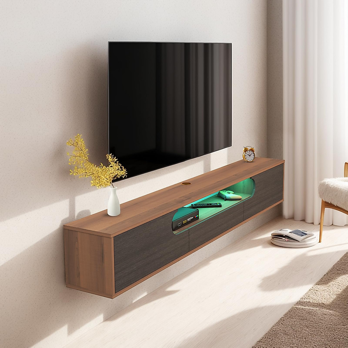 Pmnianhua Floating TV Stand with LED Lights,70'' Wall Mounted TV Cabinet Floating Under TV Shelf Media Console Entertainment Center with Storage Living Room Playroom Bedroom(Walnut)