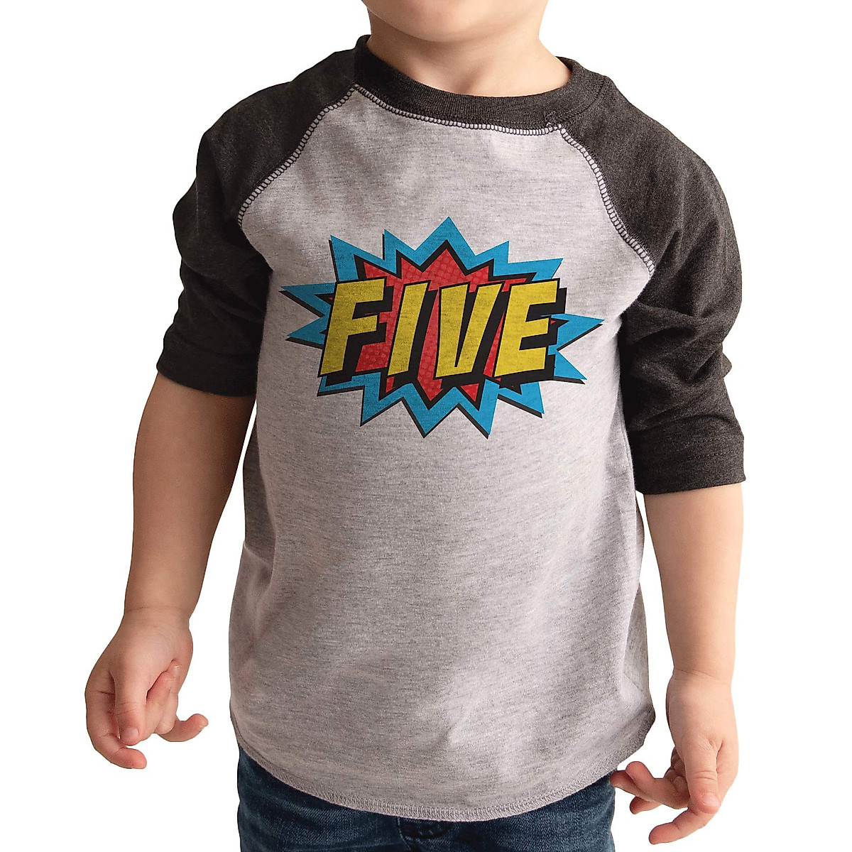 7 ate 9 Apparel Boy's Birthday Five 5 Fifth 5th Superhero Grey Raglan 5T