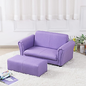Yoonnie room 2-Seater Kid Couch with Big Ottoman,Kid Sofa Chair with Linen Fabric,Children Sofa Couch for 0-3 Age Kid Gift,Purple