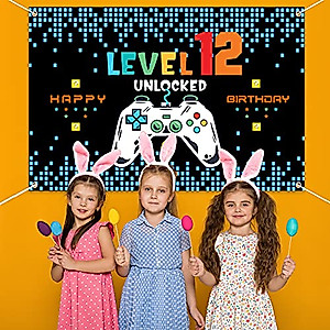 HAMIGAR 6x4ft Happy 12th Birthday Baner Backdrop - Level 12 Unlocked Birthday Decorations Party Supplies for Boys - Blue