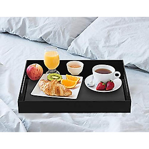 HofferRuffer Black Serving Tray, Waterproof Acrylic Tray with Handles for Coffee Table, Ottoman, Breakfast, Tea, Food, 16" x 12"