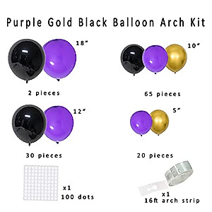 Purple Gold Black Balloon Garland Kit - 121 PCS Metallic Gold Purple Black Balloons Wednesday Party Supplies for Purple Gold Birthday Graduation 2023 Retirement Halloween Party Decoration