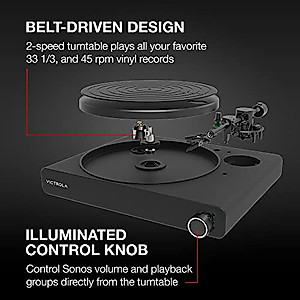Victrola Stream Onyx Turntable - 33-1/3 & 45 RPM Vinyl Record Player, Works with Sonos Wirelessly, High Precision Magnetic Cartridge, Semi-Automatic, Multiple Connections, Black Matte Finish