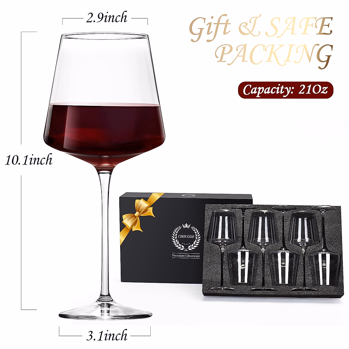 Chouggo 21Oz Wine Glasses Set of 6, Premium Crystal Large White Wine or Red Wine Glasses, Hand Blown Tall Long Stem Wine Glass - Gifts for Women, Men, Wedding, Anniversary, Christmas, Birthday