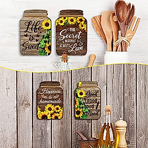 4 Pcs Kitchen Wall Decor Mason Jar Set Wooden Rustic Home Decor Inspirational Kitchen Decor Hanging Farmhouse Kitchen Signs Wall Decor for Home Decor (Sunflower)