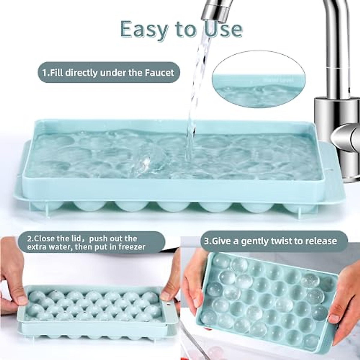 ARTLEO 4 Pack Round Ice Cube Trays for Freezer with Bin, Upgrade Easy Release Small Ice Ball Maker Mold, Freezer Ice Container with Lid, Mini Sphere ice cube Mold trays, Ice Bucket and Tong,Bpa free