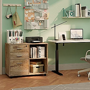 Maxtown Wood Filing Cabinet, Mobile Lateral Filing Cabinet with Lock, 3 Drawer Filing Cabinet with Open Storage Shelves, Printer Stand for Home Office, Walnut