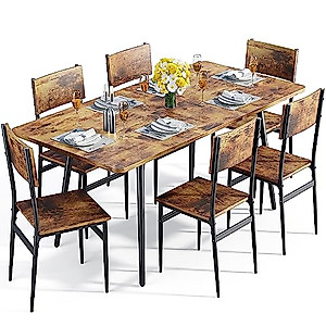 Qsun 7-Piece 63" Dining Table Set for 4-6 People, Extendable Kitchen Table Set with 6 Chairs, Dining Room Table with Metal Frame and Solid MDF Wood Board for Kitchen, Rustic Brown