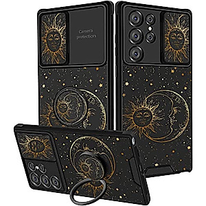 Goocrux (2in1 for Samsung Galaxy S22 Ultra Case Sun Moon Stars for Women Girls Cute Phone Cover Fashion Golden Star Print Pattern Design with Slide Camera Cover+Ring Holder Cases for S22 Ultra 6.8''