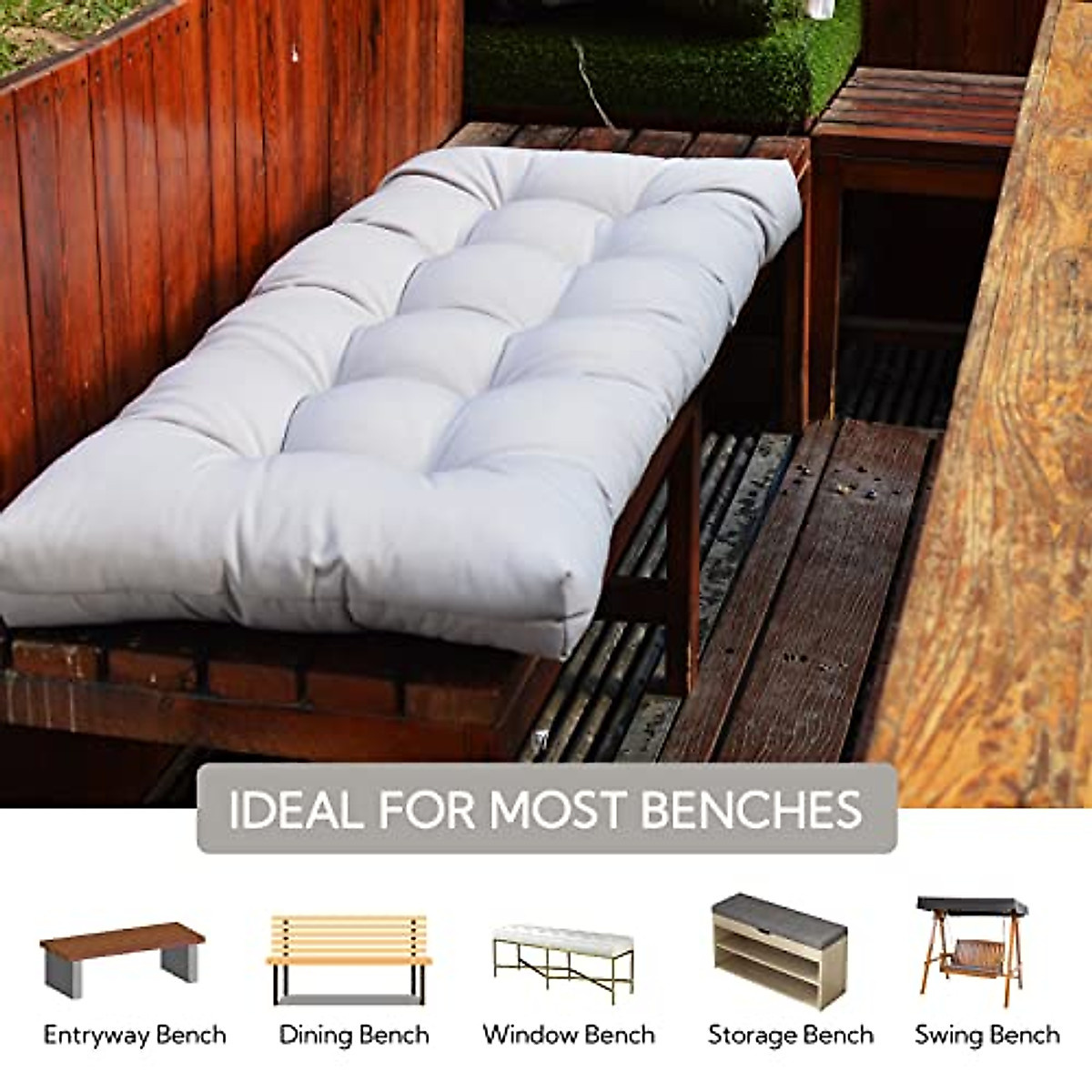Alurzio Bench Cushion for Indoor Outdoor Furniture, 51.2X19.7Inches,1 Pack, Window Seat Cushions,Thick Patio Bench Cushion with Ties, Machine Wash and Dryer, Durable,Tufted,Light Gray