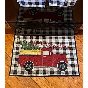 Christmas Rug for Indoor or Outdoor Use Non-Slip Holiday Kitchen Mat Xmas Floor Mat Farmhouse Red Truck Carpet Washable 19”x29”