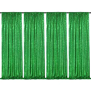 Green Sequin Backdrop 4 Panels 2FTx8FT Wedding Photo Backdrop Glitter Birthday Party Decorations Sparkle Background Drapes