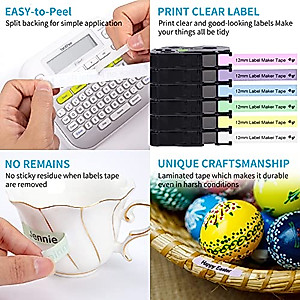 Ptouch Tape 12mm 0.47 Inch Laminated Clear/Purple/Blue/Pink/Lemon Yellow/Mint Green Replacement for Brother TZe Tape Compatible with Brother P Touch PT-H110 D210 D400 1280 1800 Label Maker Tape,6 Pack