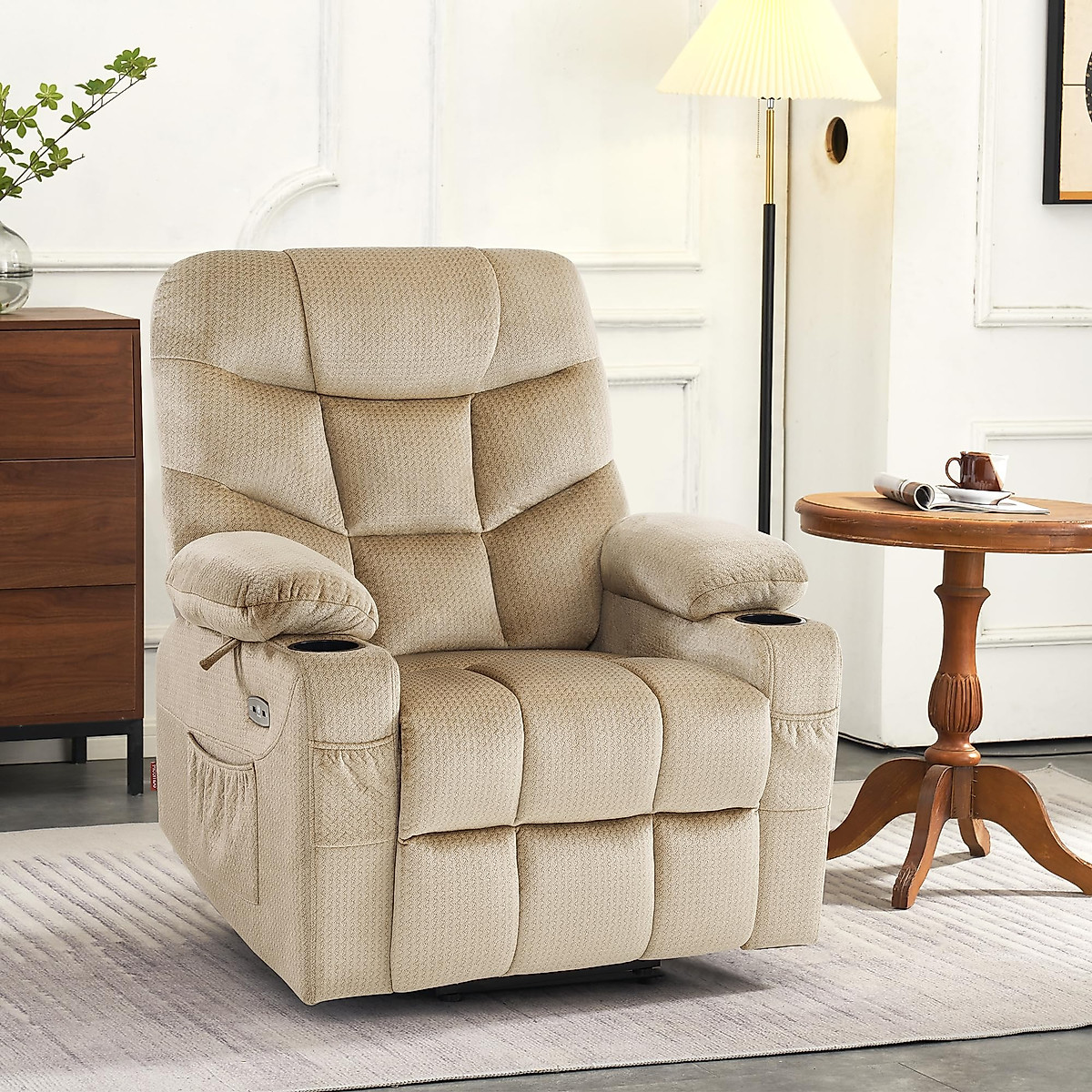 MCombo Power Lift Recliner Chair with Extended Footrest, 2 Cup Holders, USB Ports for Elderly People, Fabric 7286 (Beige)