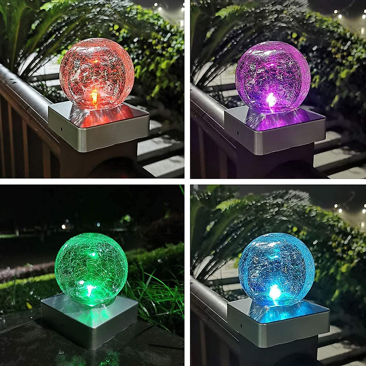 4 Solar Post Cap Lights Outdoor 2-in-1 Landscape Garden Ball Lights Cracked Glass Globe Lights Waterproof 5x5 In-Ground Spike Light for Posts Garden Yard Patio Pathway Deck Decor (Multi-Colors)