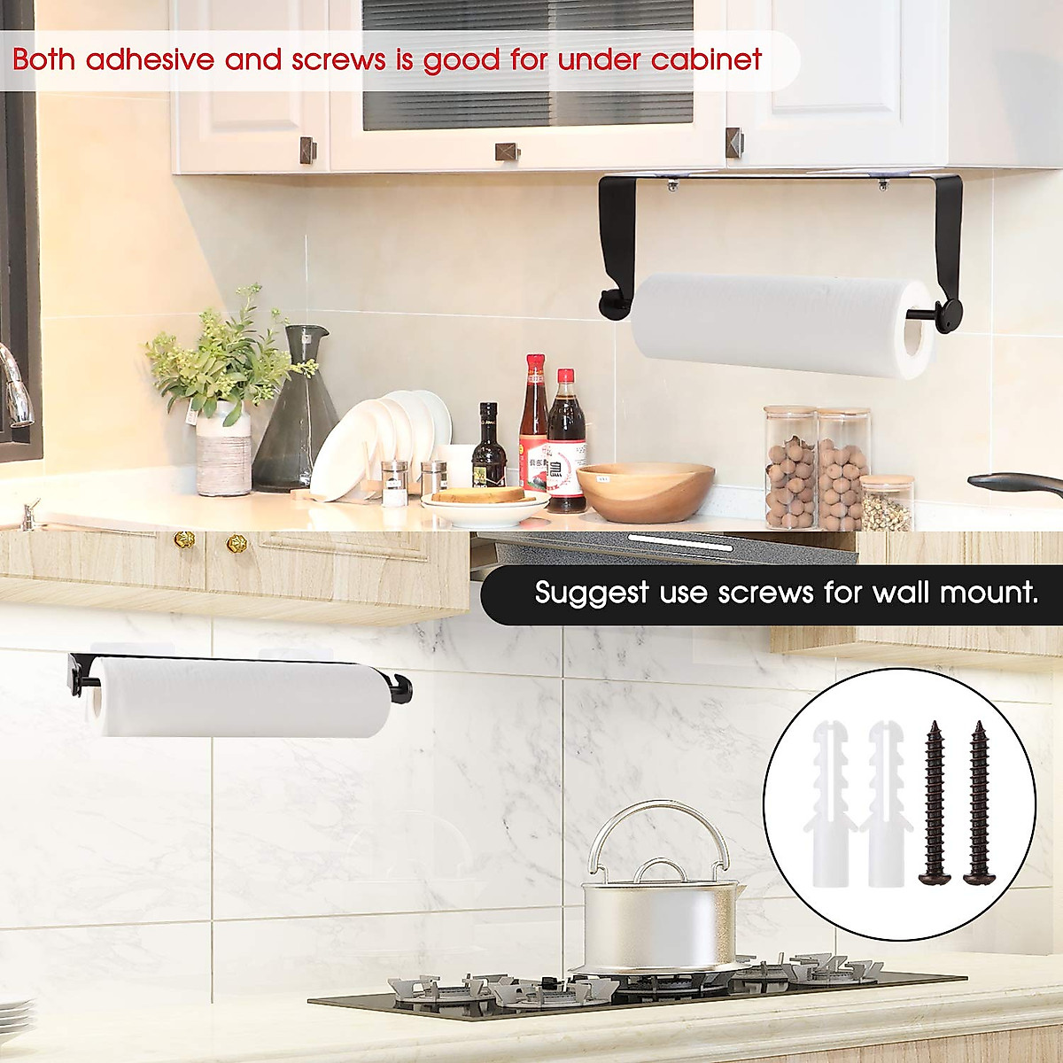 PHUNAYA Under Cabinet Paper Towel Holder Wall Mount for Home Kitchen,Stainless Steel for Large Rolls-Black