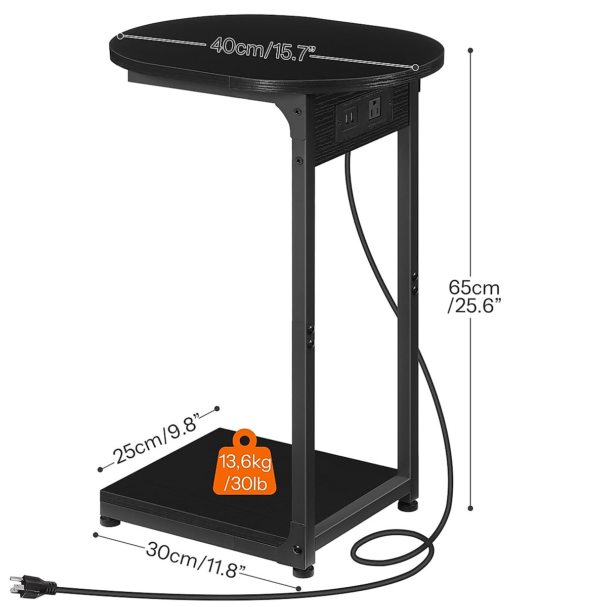 HOOBRO C Shaped End Table with Charging Station, Round Couch Side Table, TV Tray Slide Under Sofa Table with Metal Frame for Small Spaces, Living Room and Bedroom, Black BB18USF01