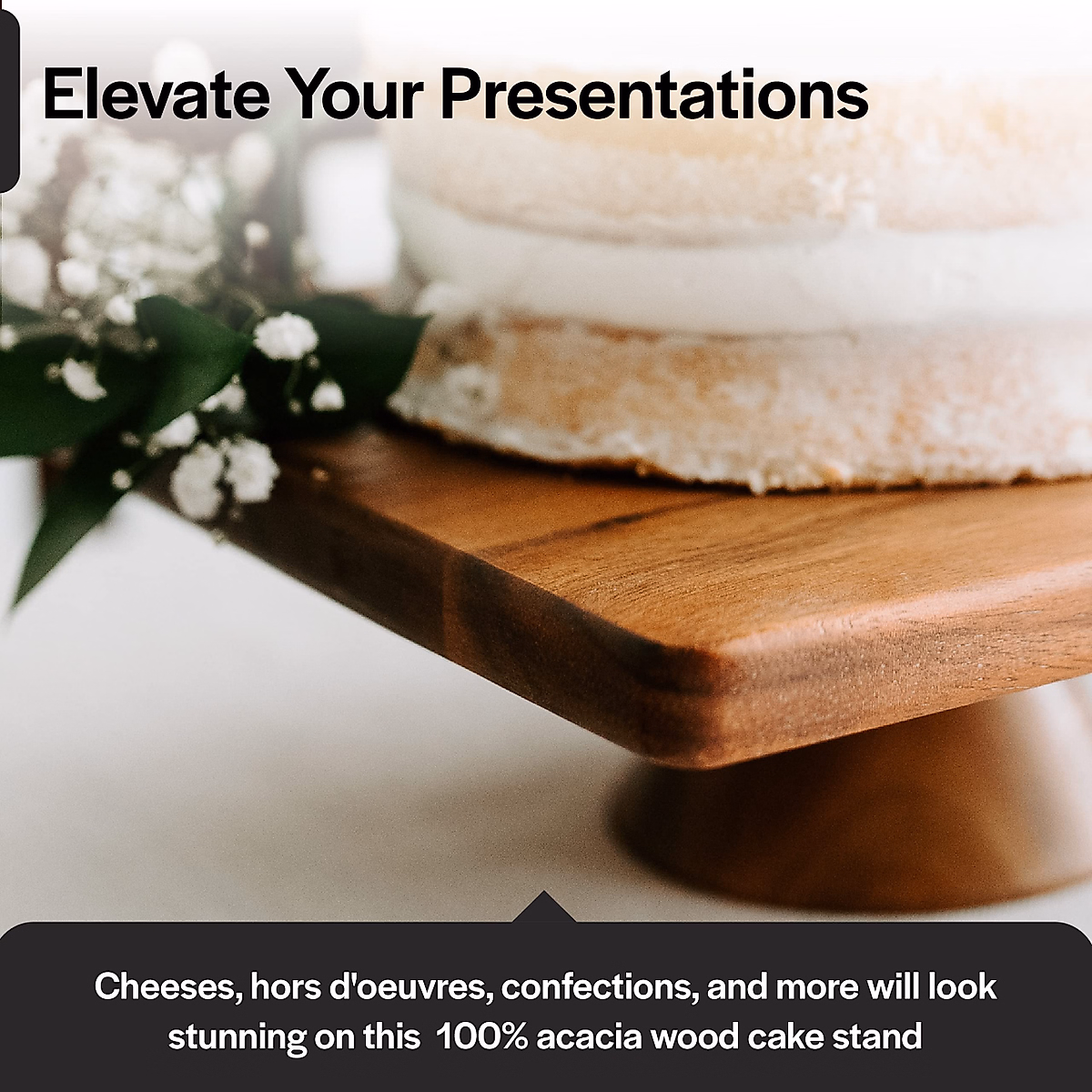 Villa Acacia Cake Stand - 13 inch Rustic Wood Table Stands for Decorating and Serving - Wooden Pedestal for Cupcake, Dessert, Fruit, Wedding & Birthday Parties - Square