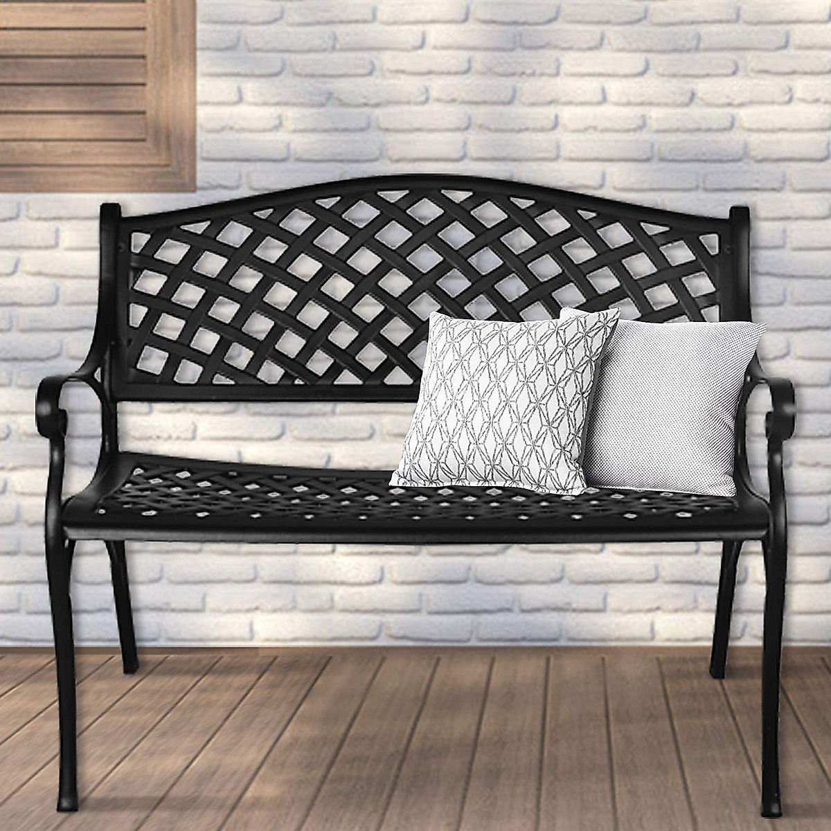 GIODIR Outdoor Patio Garden Bench All-Weather Cast Aluminum Loveseats Park Yard Furniture Porch Chair Work Entryway Decor w/Checkered Design (Black)