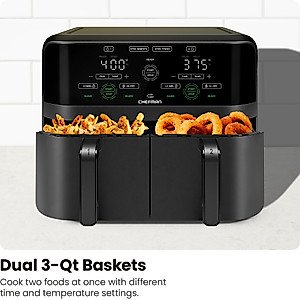 Chefman 6 Quart Dual Basket Air Fryer - Digital Touchscreen, Smart Sync Finish, Hi-Fry, Auto Shutoff, 2 Independent 3QT Nonstick Dishwasher-Safe Frying Baskets - Digital Double Air Fryer - Black