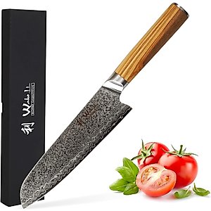 Wakoli Santoku Knife, 7-inch Blade Damascus Chef Knife made from 67 Layers of Damascus Steel with VG10 Core, Sharp Kitchen Knives with Olive Wood Handle, Meat Knife for All Tasks in Gift Box (Oribu)