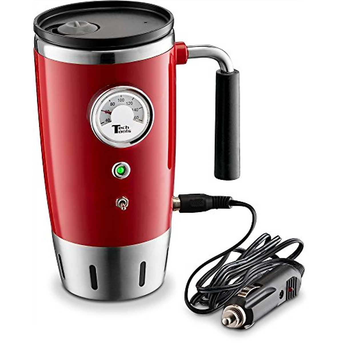 Tech Tools Heated Car Travel Mug - Keeps Your Bevrege Hot - Retro Style - Stainless Steel 12 Volts (Red)
