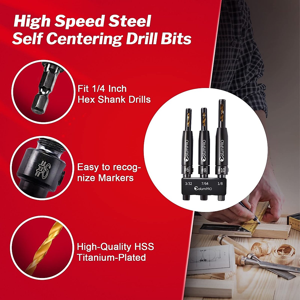 ColumPRO 3 PCS HSS Self Centering Hinge Drill Vix Bits Set, Titanium PlatingCountersink Left Handed Drill Bits Set,Door Window Cabinet Woodworking Pilot Hole Drill Bit 3/32"(#6),7/64"(#8),1/8" (#10)