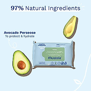 Mustela Baby Cleansing Wipes with Natural Avocado - For Face, Body & Diaper Area - Made with Compostable & Plastic Free Fibers - Lightly Scented - 60 ct. (1-Pack)