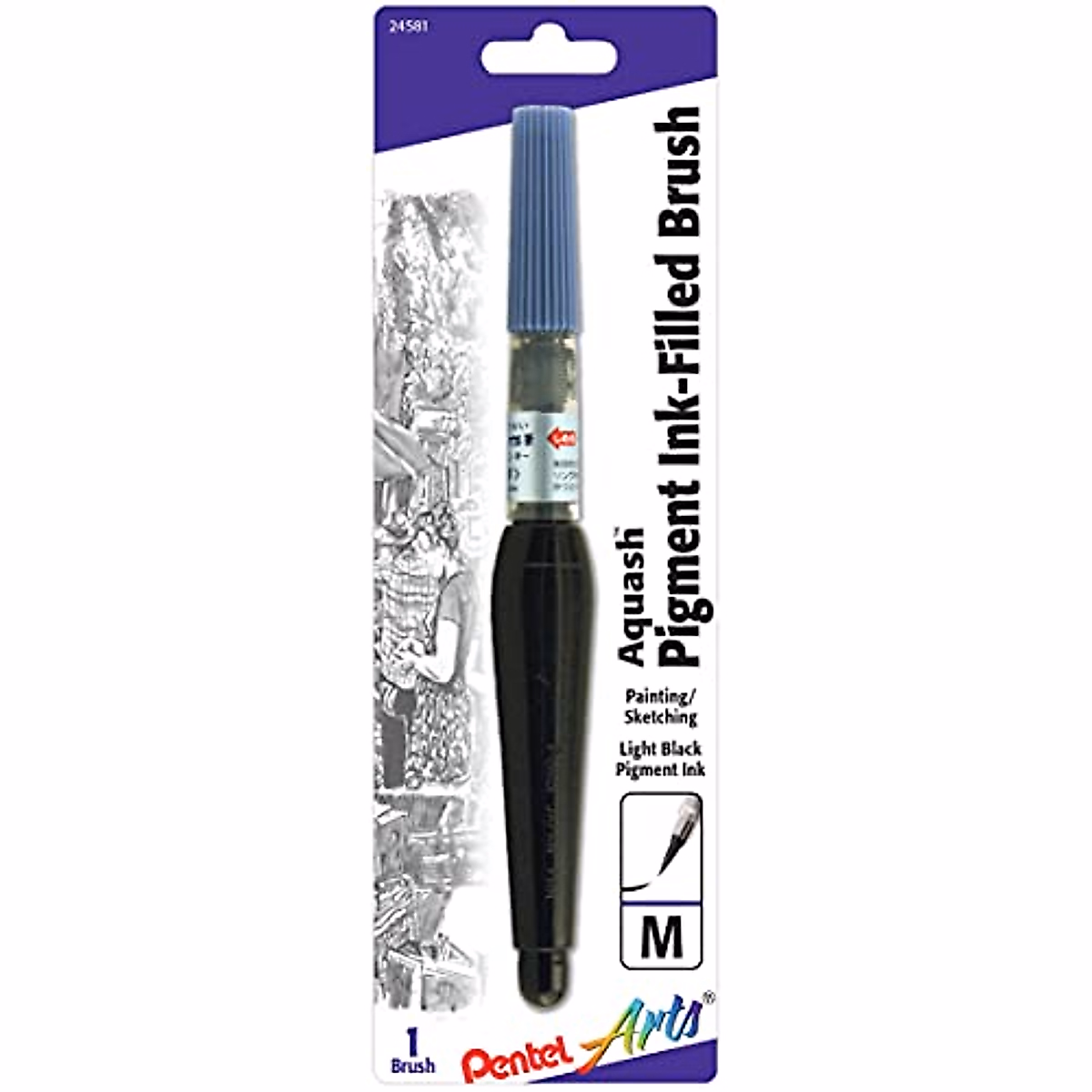 Pentel Arts Aquash Pigment Ink Brush, Light Black Ink, Pack of 1 (FRHMNBPA), medium