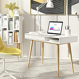 White Desk Mid Century Modern Desk Wooden Desk with Drawer Small Office Desk Mid Century Computer Desk White Makeup Table, by Artswish