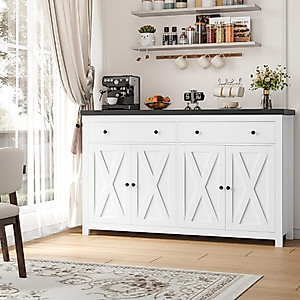 FOTOSOK Sideboard Buffet Cabinet with Storage, 55" Large Kitchen Storage Cabinet with 2 Drawers and 4 Doors, Wood Coffee Bar Cabinet Buffet Table for Kitchen Dining Room, White and Black