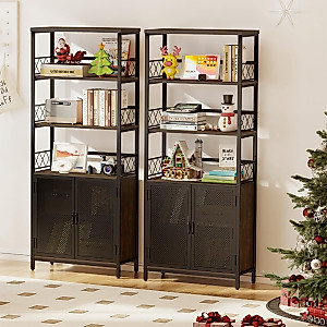 Aubtik Farmhouse Book Shelf with Storage, Industrial Tall Bookshellf with Doors and Shelves, Rustic Wood Bookcase with Cabinet for Home Office, Living Room, Classroom (Walnut Brown)