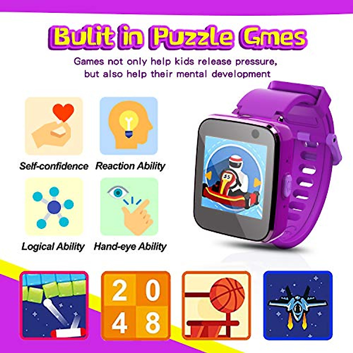 Yehtta Kids Smart Watch Toys for 4-10 Year Old Girl Toddler Watch Purple Multi Functional Watch for Kids with Selfie-cam Birthday Gifts for 4-10 Year Old Girl Touch Screen Rechargeable Watch