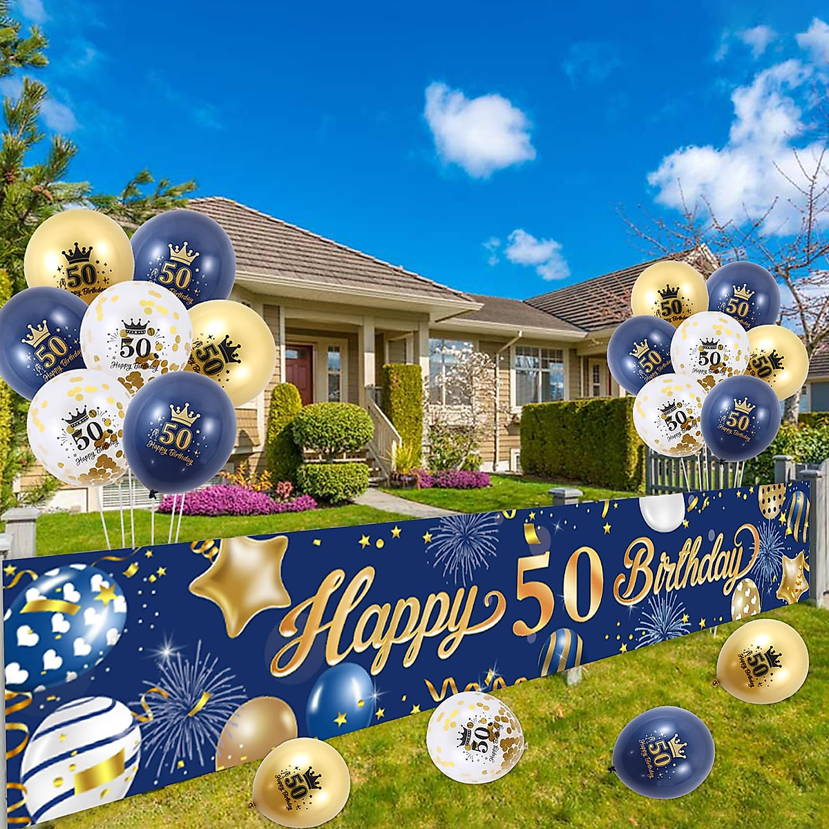 Navy Blue 50th Birthday Decorations Happy 50th Birthday Backdrop Decorations for Men Happy 50th Birthday Yard Banner Backdrop 50th Anniversary Birthday Supplies for 50 Year Old Cheers to 50s Party
