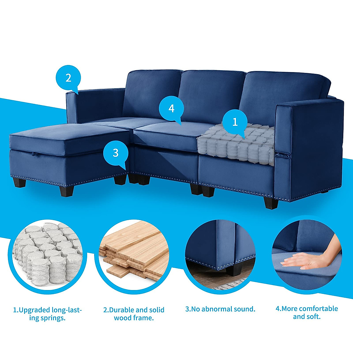Horgaeo Reversible Sleeper Sectional Sofa, Modular U Shaped Couch with Storage Ottoman, Angle-Adjustable Armrest Velvet Fabric Sofa with Convertible Chaise for Living Room, Apartment, Studio (Blue)